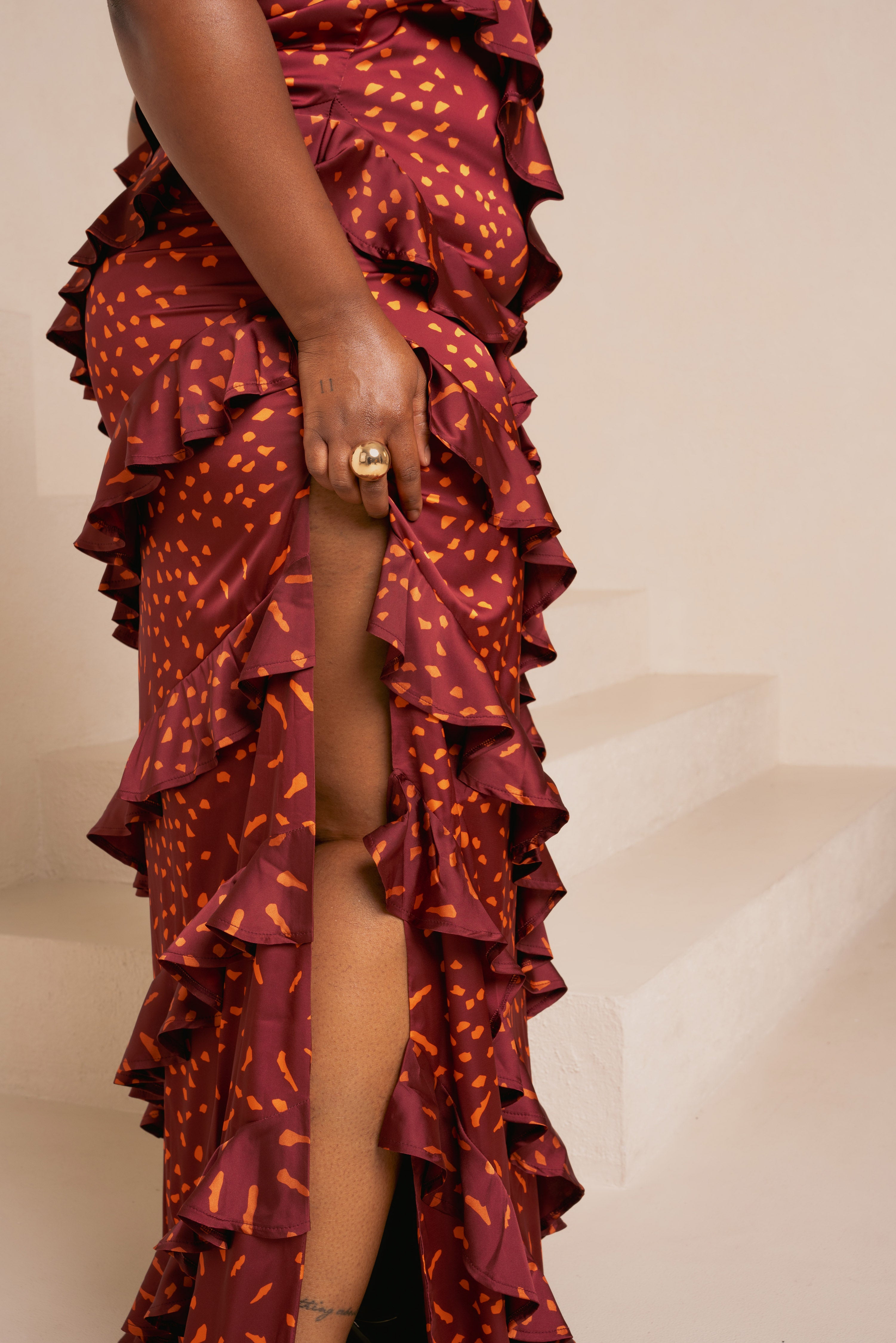 AMINAH ORANGE RUFFLE MAXI DRESS – OFUURE