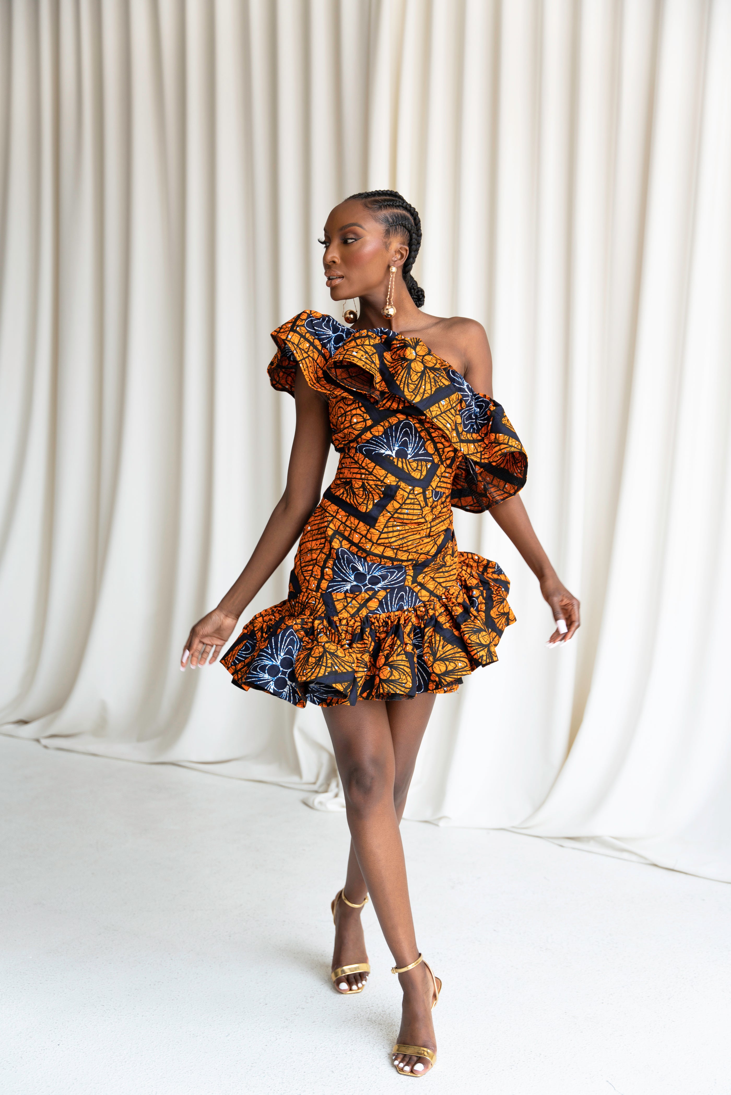 ZEZE African Print One Sleeve Ruffle Mini Dress