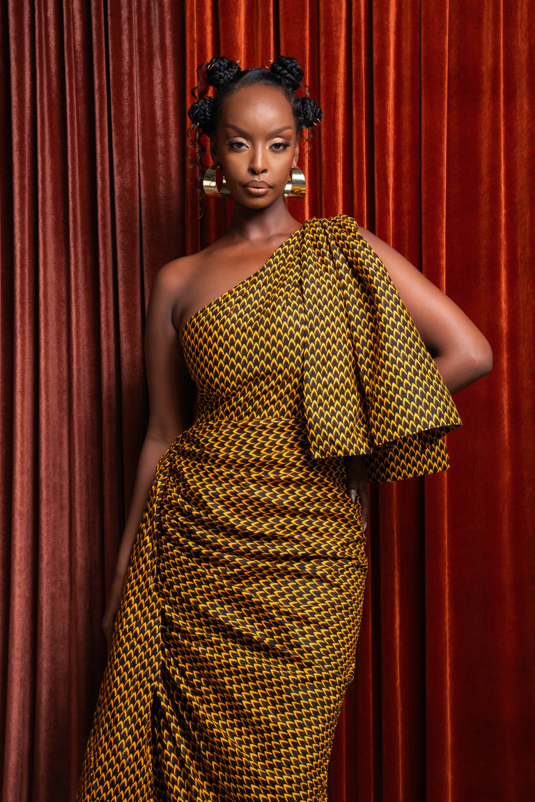 AGBANI African Print One Sleeve Drape Maxi Dress – OFUURE